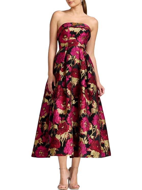 DRESS THE POPULATION Dress the Population Mika Strapless Metallic Brocade Fit-and-Flare Cocktail Dress